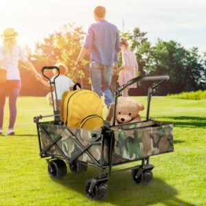 Collapsible Folding Wagon with Removable Canopy - Heavy Duty Utility Cart for Garden, Camping, and Beach with Wheels and Rear Storage - Camouflage