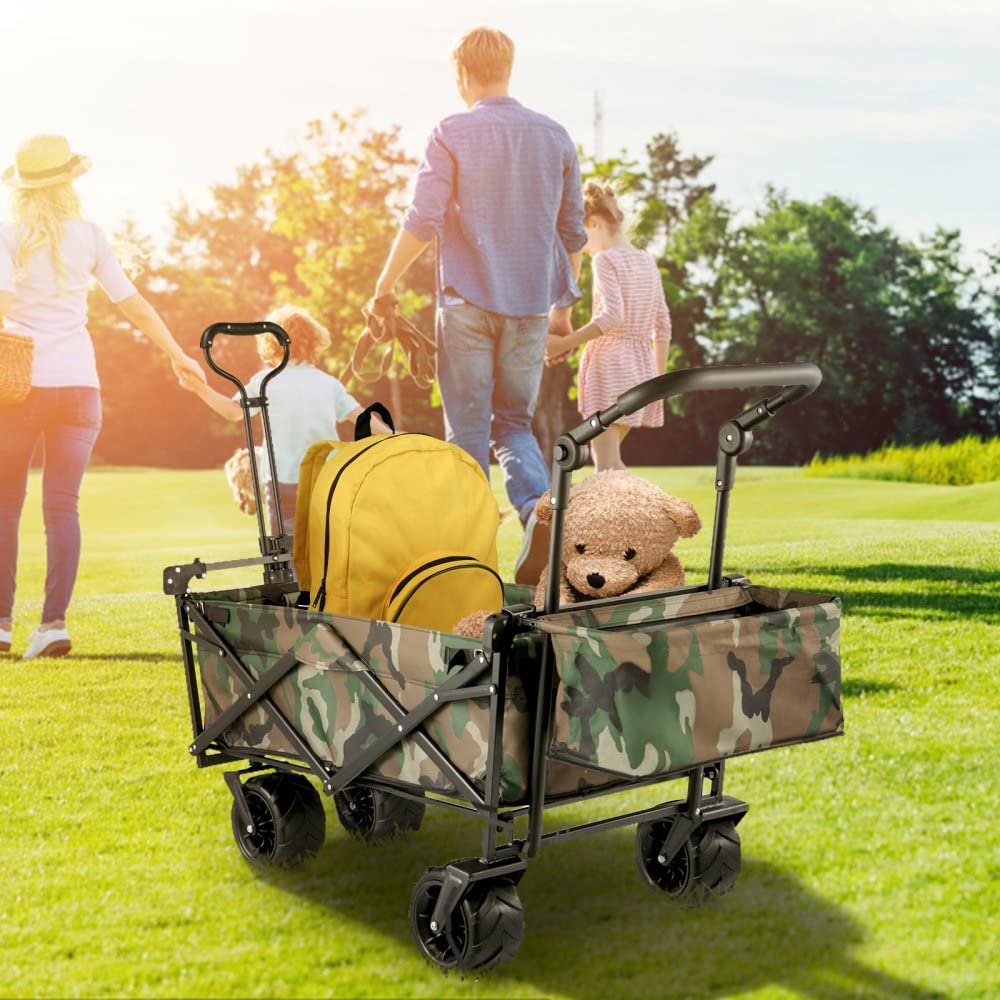 Collapsible Folding Wagon with Removable Canopy - Heavy Duty Utility Cart for Garden, Camping, and Beach with Wheels and Rear Storage - Camouflage