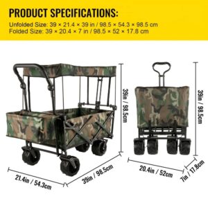 Collapsible Folding Wagon with Removable Canopy - Heavy Duty Utility Cart for Garden, Camping, and Beach with Wheels and Rear Storage - Camouflage