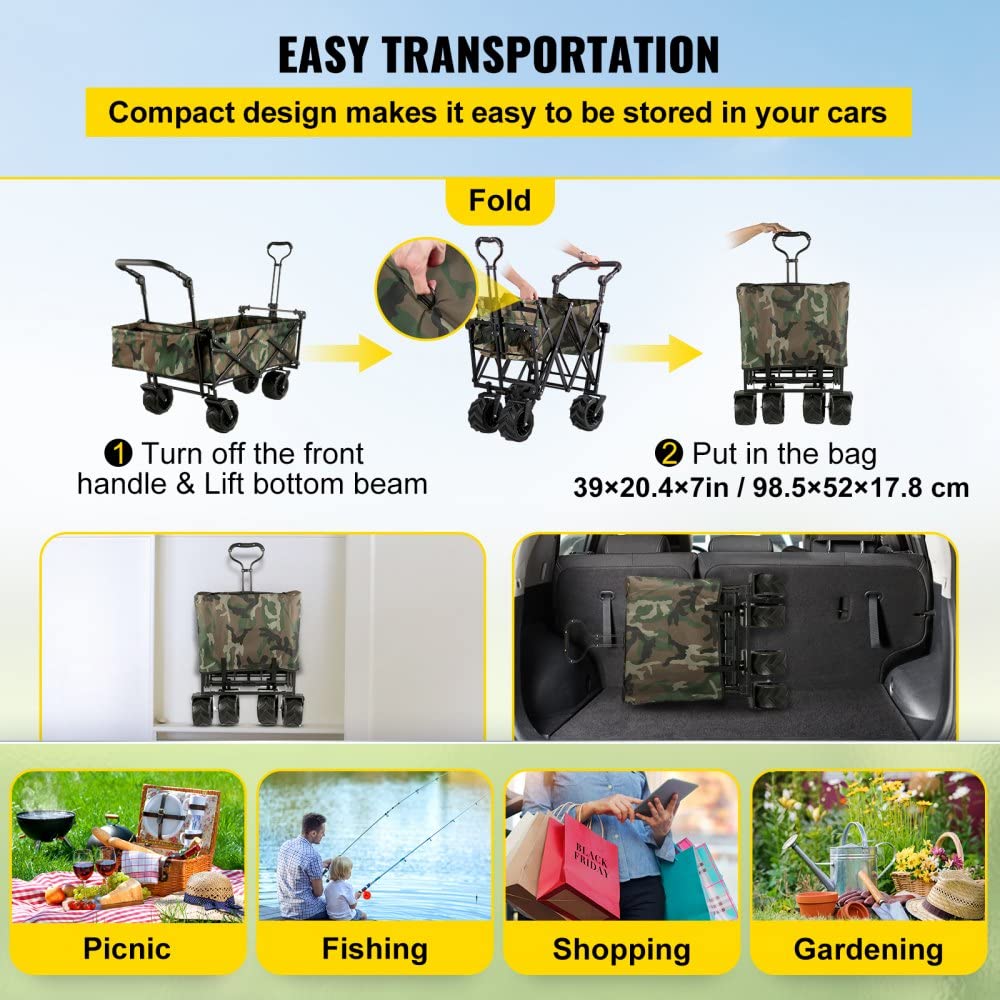 Collapsible Folding Wagon with Removable Canopy - Heavy Duty Utility Cart for Garden, Camping, and Beach with Wheels and Rear Storage - Camouflage