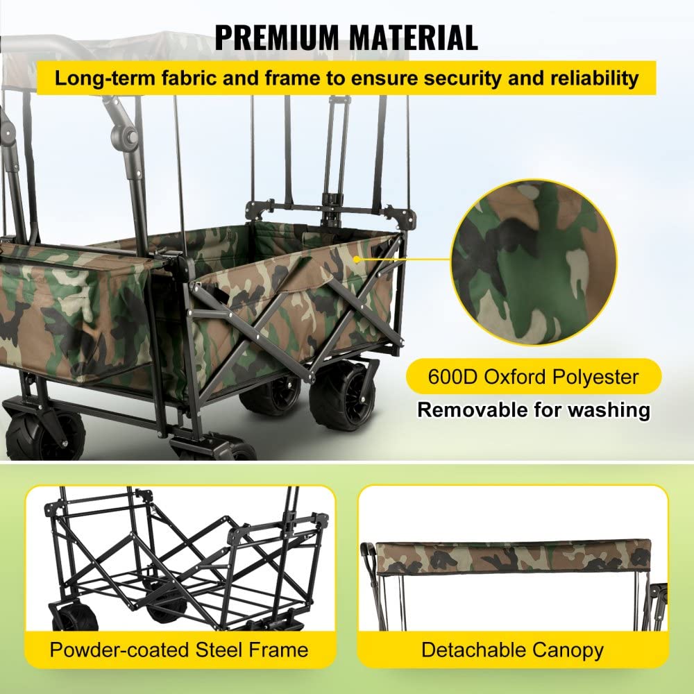 Collapsible Folding Wagon with Removable Canopy - Heavy Duty Utility Cart for Garden, Camping, and Beach with Wheels and Rear Storage - Camouflage