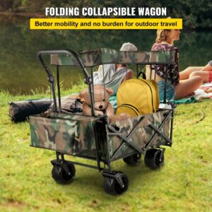 Collapsible Folding Wagon with Removable Canopy - Heavy Duty Utility Cart for Garden, Camping, and Beach with Wheels and Rear Storage - Camouflage