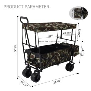 Rolling Collapsible Garden Cart Kids Camping Wagon with 360 Degree Swivel Wheels & Removable Canopy, 250LBS Weight Capacity Folding Utility Wagon Cart with Storage Basket for Outdoor Camping Shopping