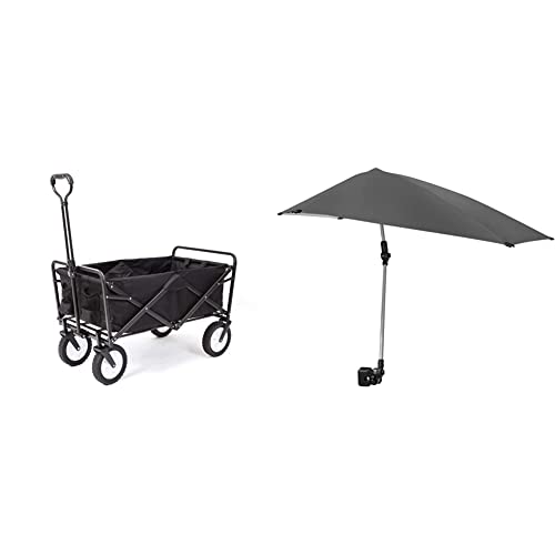 MacSports Collapsible Folding Outdoor Utility Wagon (Black) and Sport-Brella Versa-Brella SPF 50+ Adjustable Umbrella (Gray)