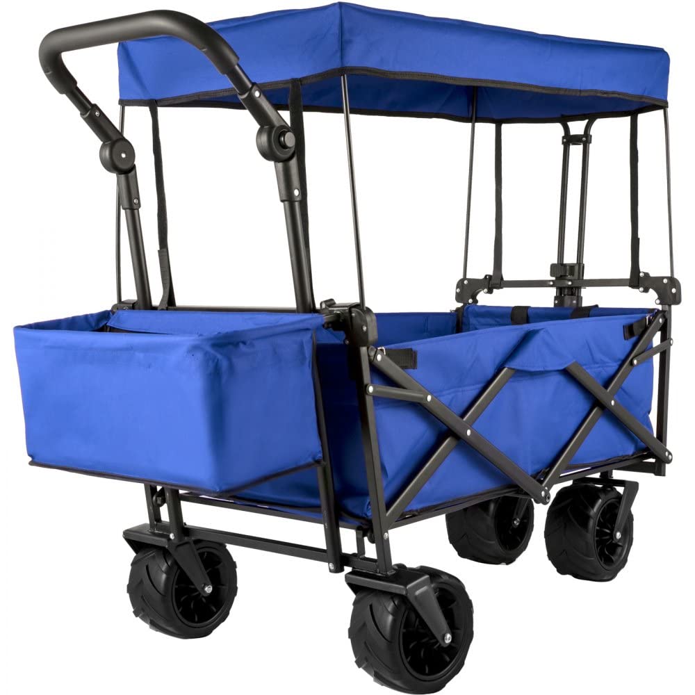 Utility Wagon with Canopy and Rear Storage - Collapsible Folding Garden Cart for Camping, Groceries, and Shopping - Blue