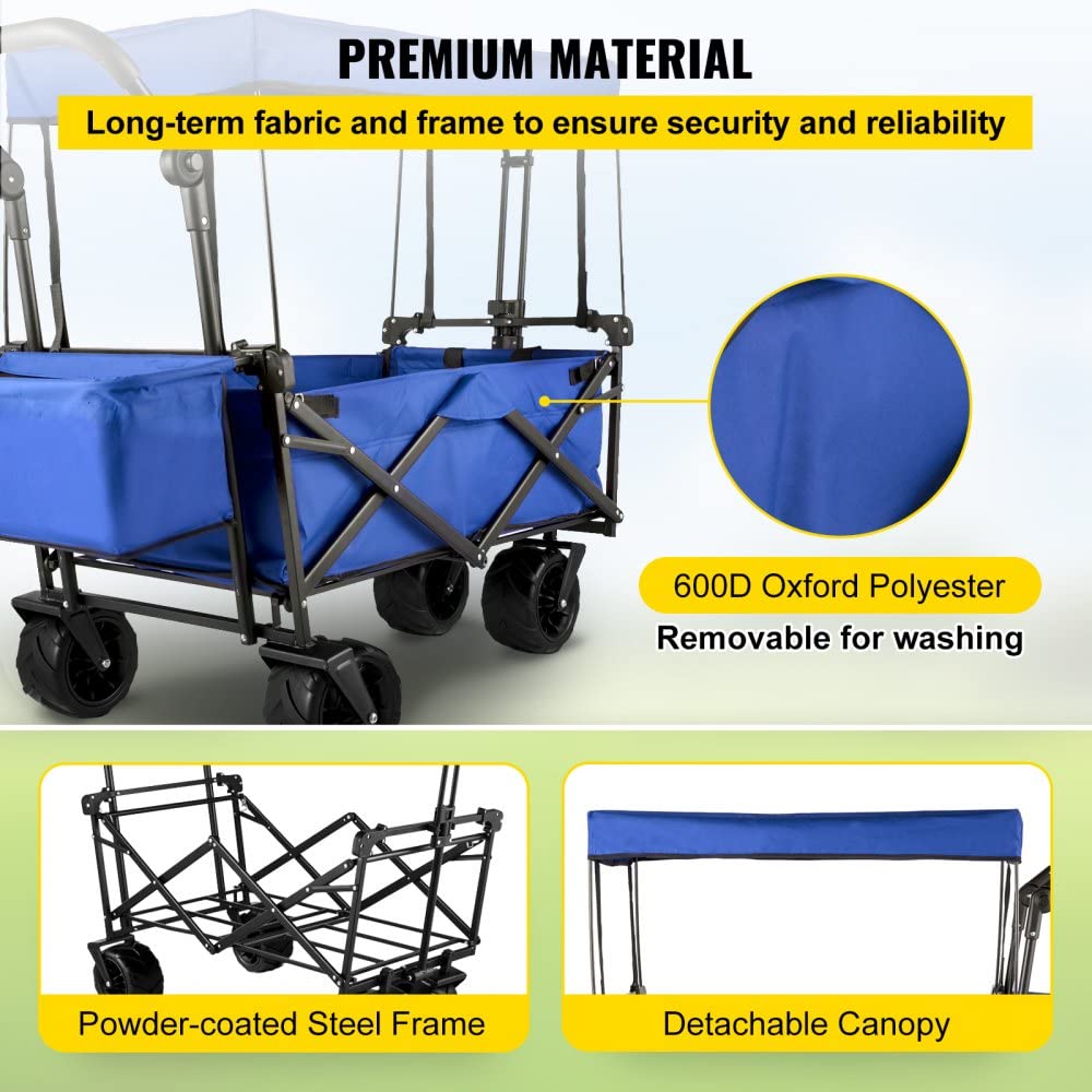 Utility Wagon with Canopy and Rear Storage - Collapsible Folding Garden Cart for Camping, Groceries, and Shopping - Blue