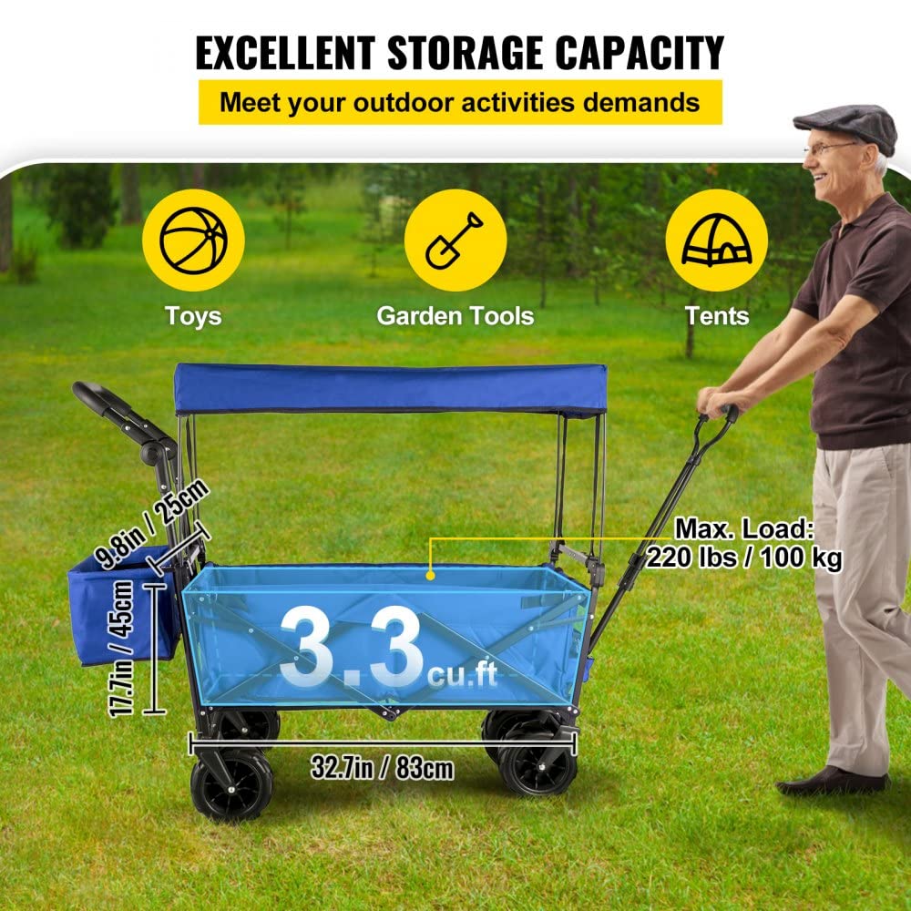 Utility Wagon with Canopy and Rear Storage - Collapsible Folding Garden Cart for Camping, Groceries, and Shopping - Blue