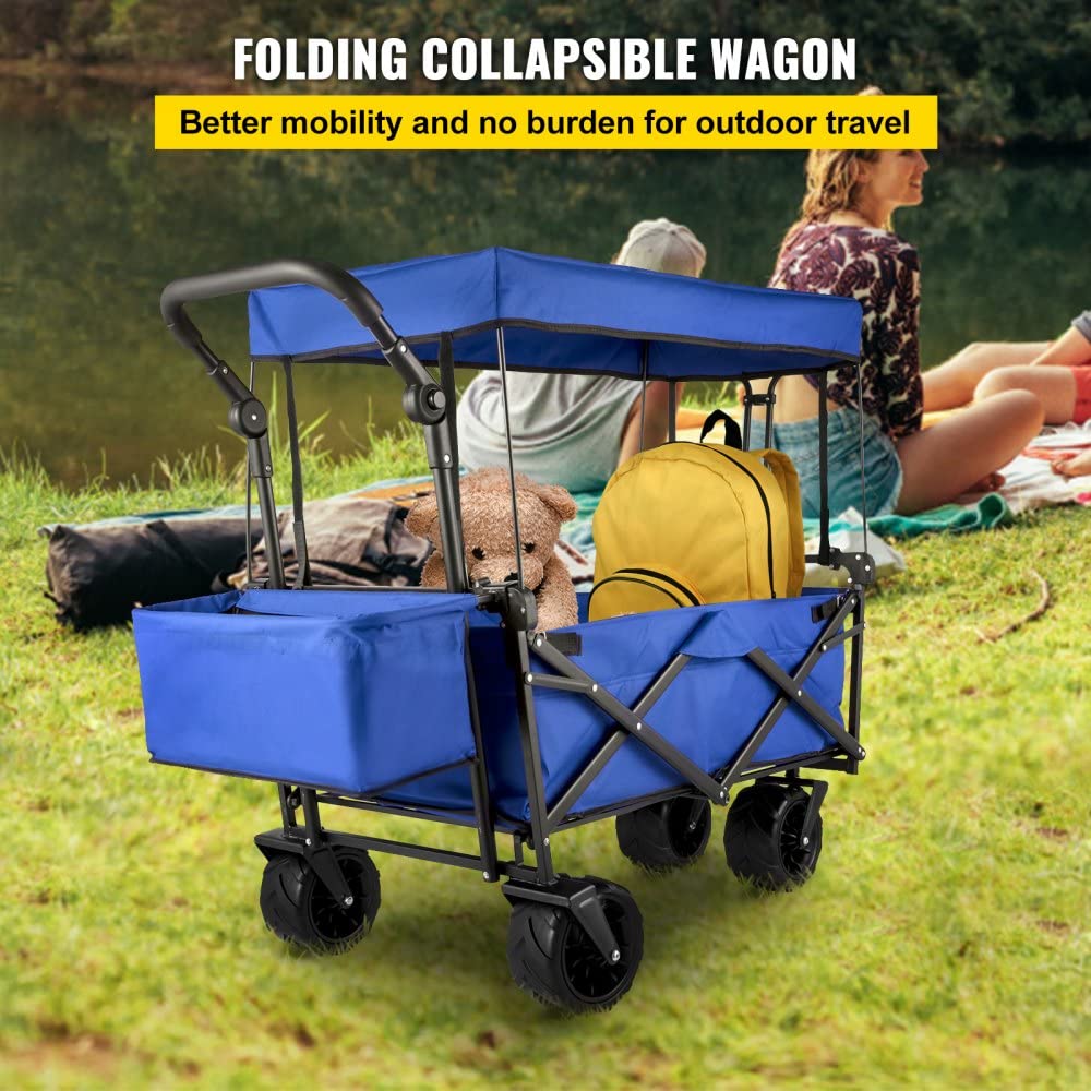 Utility Wagon with Canopy and Rear Storage - Collapsible Folding Garden Cart for Camping, Groceries, and Shopping - Blue