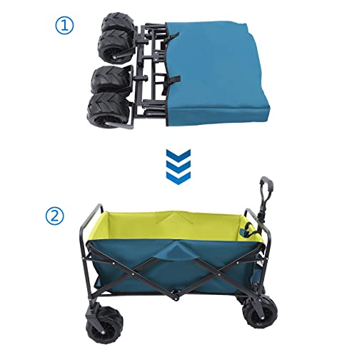 Folding Wagon Cart, Collapsible Beach Cart - 7" PU Wheels - Outdoor Utility Garden Cart for Beach Camping Shopping - 220lbs Weight Capacity - Adjustable Handle and Drink Holders