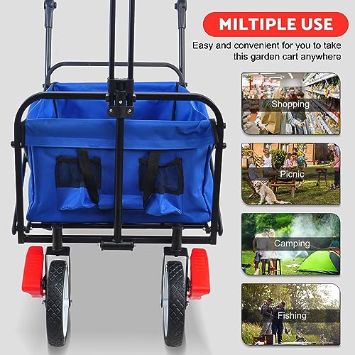 Wrilibo Collapsible Folding Wagon with Wheels Brakes Heavy Duty Outdoor Utility Wagon Cart All Terrain Foldable Beach Wagon with Adjustable Handle Garden Cart with Side Pockets, Blue