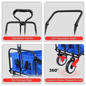 Wrilibo Collapsible Folding Wagon with Wheels Brakes Heavy Duty Outdoor Utility Wagon Cart All Terrain Foldable Beach Wagon with Adjustable Handle Garden Cart with Side Pockets, Blue