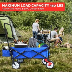 Wrilibo Collapsible Folding Wagon with Wheels Brakes Heavy Duty Outdoor Utility Wagon Cart All Terrain Foldable Beach Wagon with Adjustable Handle Garden Cart with Side Pockets, Blue