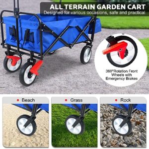 Wrilibo Collapsible Folding Wagon with Wheels Brakes Heavy Duty Outdoor Utility Wagon Cart All Terrain Foldable Beach Wagon with Adjustable Handle Garden Cart with Side Pockets, Blue