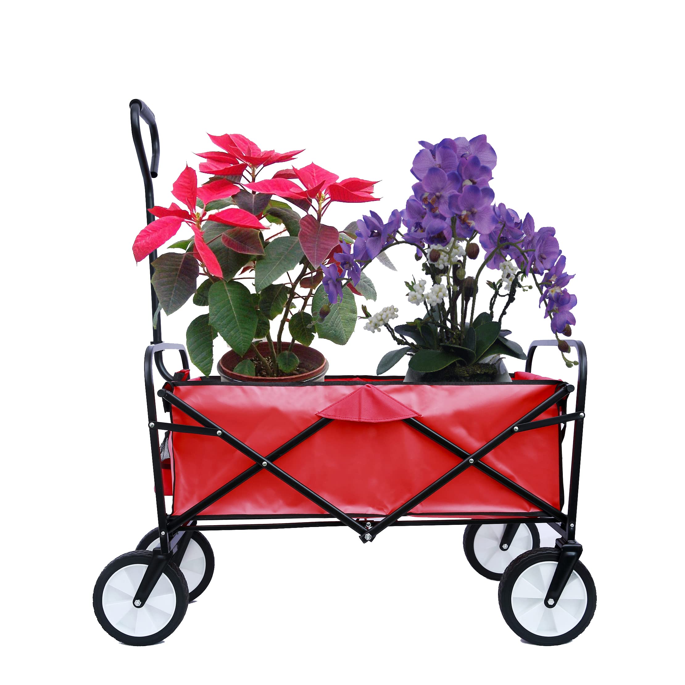 SYING88 Folding Beach Wagon, Red, Collapsible Utility Cart for Outdoor Activities, Canvas Fabric, 150lb Capacity, Easy Fold and Store