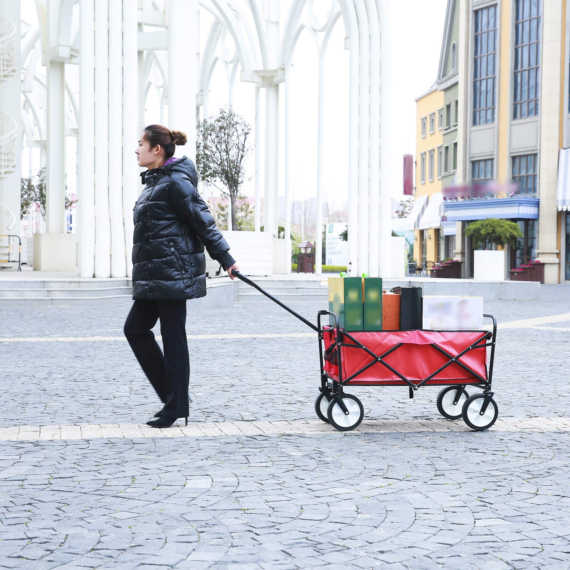 SYING88 Folding Beach Wagon, Red, Collapsible Utility Cart for Outdoor Activities, Canvas Fabric, 150lb Capacity, Easy Fold and Store