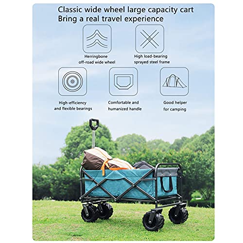 Suuim Collapsible Folding Wagon, Folding Camping Wagon,Collapsible Beach Garden Trolley Cart,Heavy Duty Utility Garden Yard Folding Cart,with Side Pocket Cu