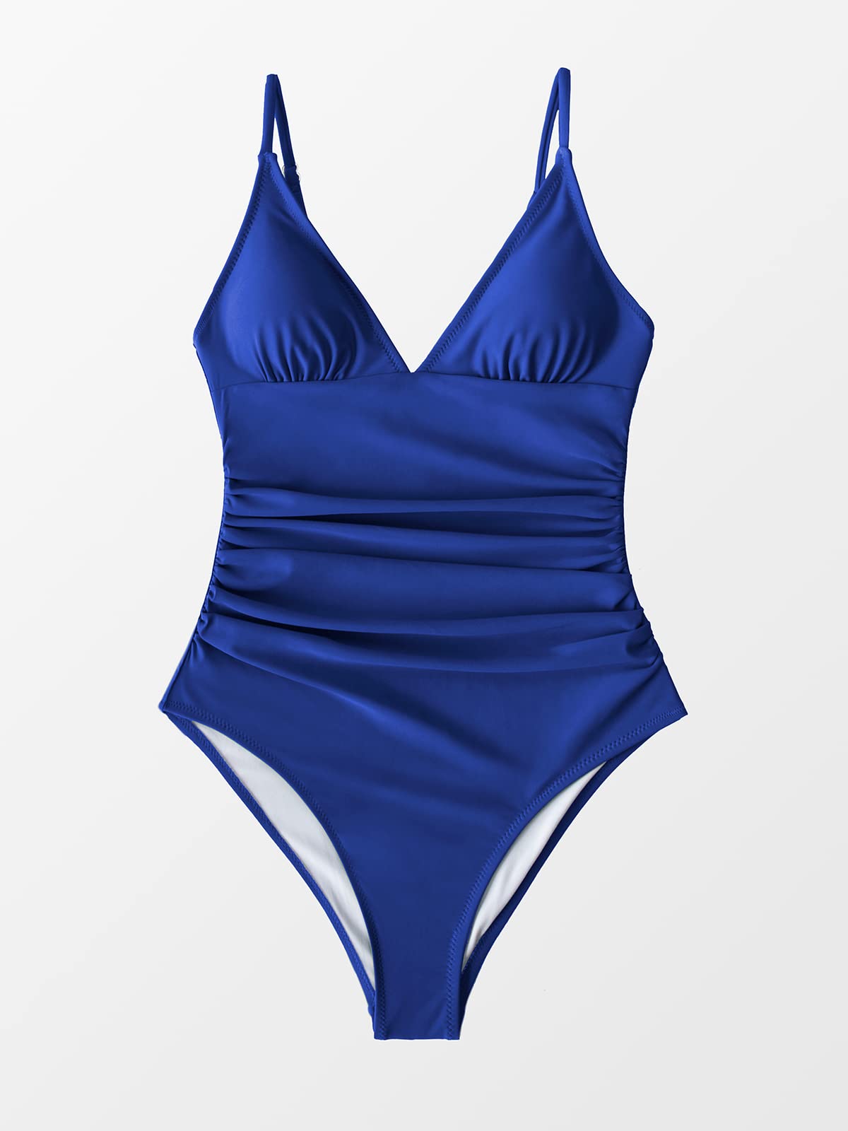 CUPSHE Women's One Piece Swimsuit Shirring Design V Neck Low Back Bathing Suit, Deep Blue, L