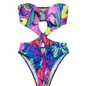 WDIRARA Women's Strapless Cut Out One Piece Swimsuit Tropical Print High Cut Swimsuit Multicolor M