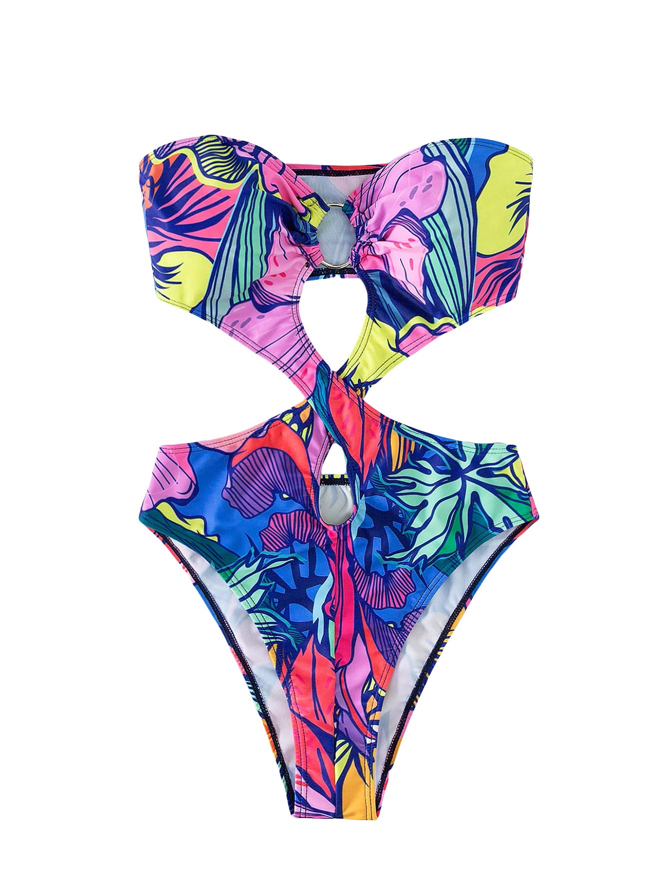 WDIRARA Women's Strapless Cut Out One Piece Swimsuit Tropical Print High Cut Swimsuit Multicolor M