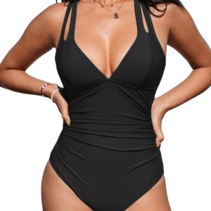 CUPSHE Women One Piece Swimsuit Deep V Neck Tummy Control Double Straps S Black