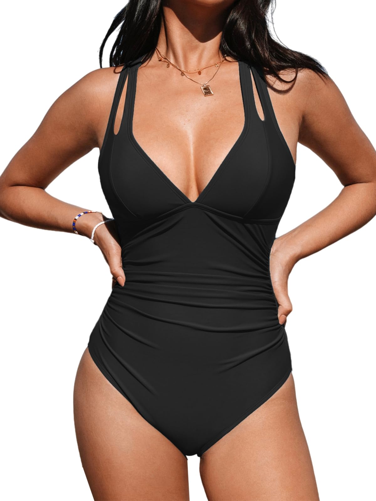 CUPSHE Women One Piece Swimsuit Deep V Neck Tummy Control Double Straps S Black