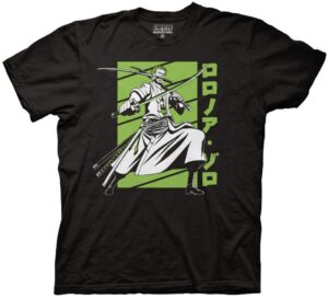 ripple junction one piece men's short sleeve t-shirt roronoa zoro pirate hunter w/swords crew neck black large