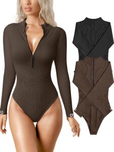 oqq women's 2 piece bodysuits sexy ribbed one piece zip front long sleeve tops bodysuits black darkbrown