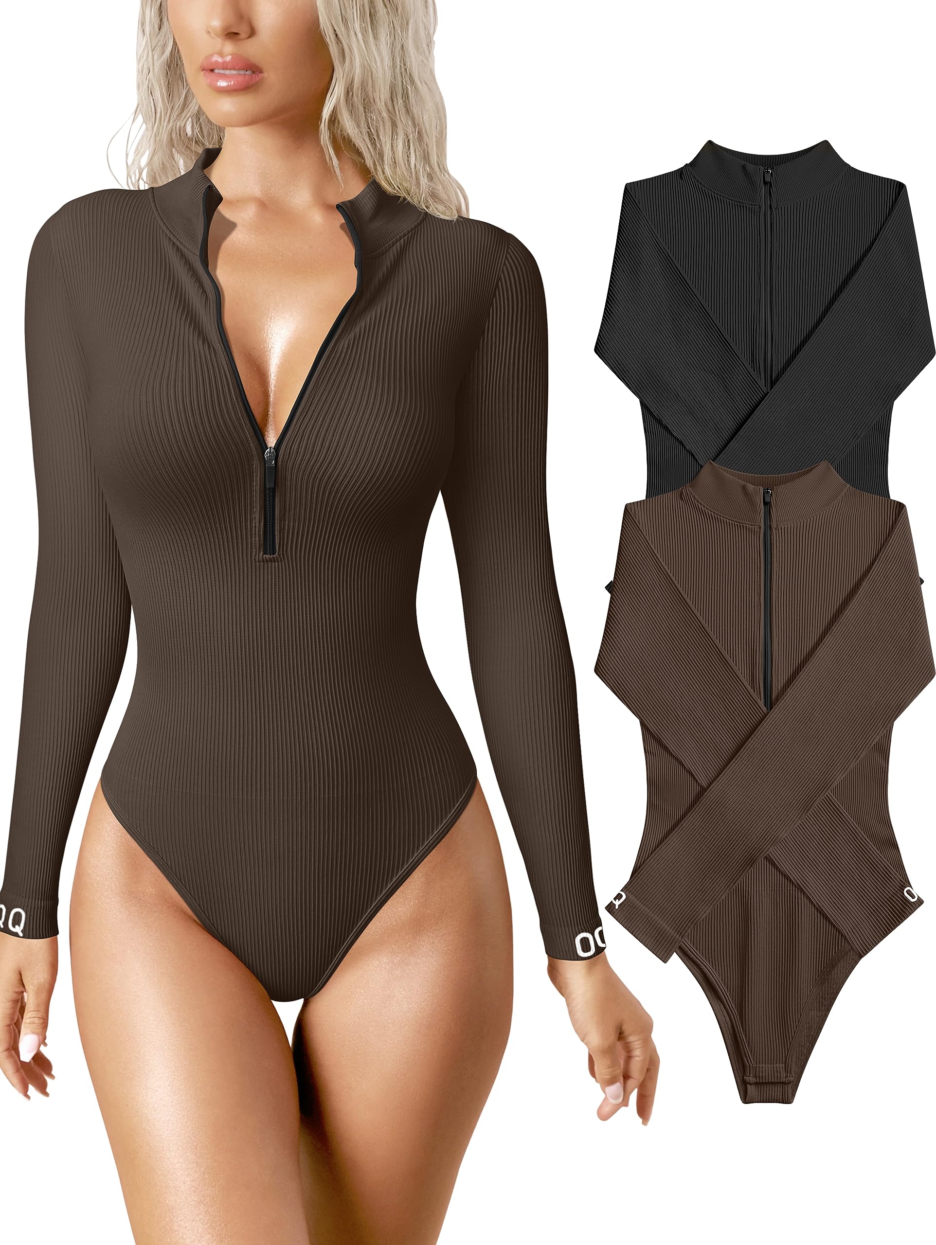 OQQ Women's 2 Piece Bodysuits Sexy Ribbed One Piece Zip Front Long Sleeve Tops Bodysuits Black Darkbrown