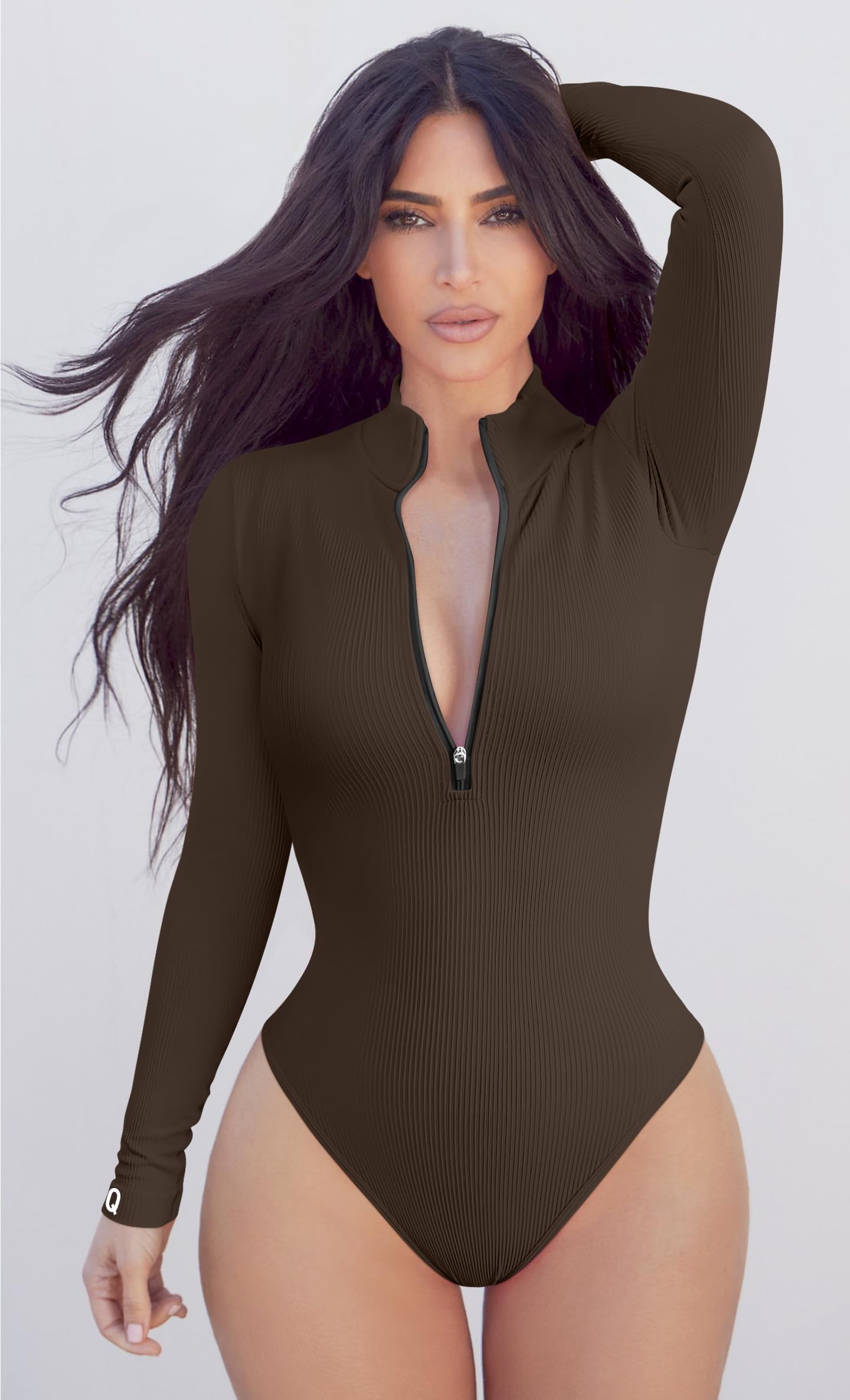 OQQ Women's 2 Piece Bodysuits Sexy Ribbed One Piece Zip Front Long Sleeve Tops Bodysuits Black Darkbrown