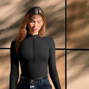 OQQ Women's 2 Piece Bodysuits Sexy Ribbed One Piece Zip Front Long Sleeve Tops Bodysuits Black Darkbrown