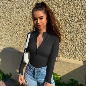 OQQ Women's 2 Piece Bodysuits Sexy Ribbed One Piece Zip Front Long Sleeve Tops Bodysuits Black Darkbrown