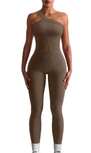 oqq women yoga jumpsuits workout ribbed one shoulder one piece sport jumpsuits coffee