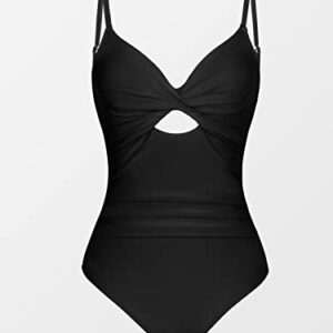 CUPSHE One Piece Swimsuit for Women Bathing Suits Twist Front Cutout Adjustable Straps Ruched Swimwear M, Black