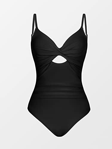 CUPSHE One Piece Swimsuit for Women Bathing Suits Twist Front Cutout Adjustable Straps Ruched Swimwear M, Black