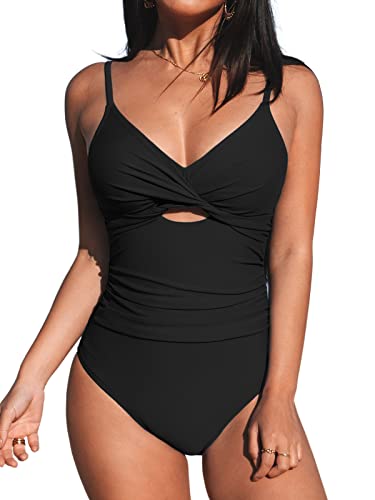 CUPSHE One Piece Swimsuit for Women Bathing Suits Twist Front Cutout Adjustable Straps Ruched Swimwear M, Black