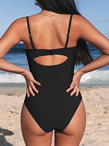 CUPSHE One Piece Swimsuit for Women Bathing Suits Twist Front Cutout Adjustable Straps Ruched Swimwear M, Black