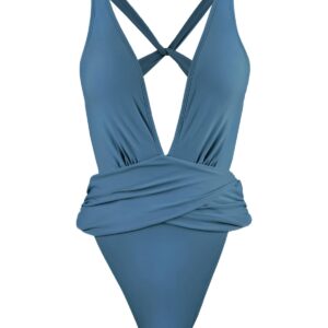 CUPSHE One Piece Swimsuit for Women Bathing Suit Cut Out Cross Back Tie Deep V Neck Ruched High Cut,L Sapphire Blue