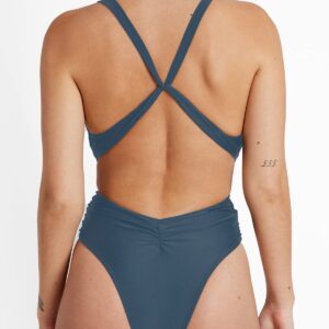 CUPSHE One Piece Swimsuit for Women Bathing Suit Cut Out Cross Back Tie Deep V Neck Ruched High Cut,L Sapphire Blue