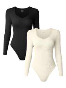 oqq women's 2 piece bodysuits sexy ribbed one piece long sleeve sweetheart v neck tops bodysuits black beige