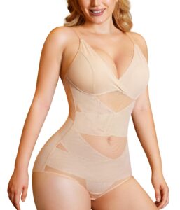 nebility women v neck shapewear tummy control bodysuit tank top full body shaper one piece cami leotard (large, beige normal size)