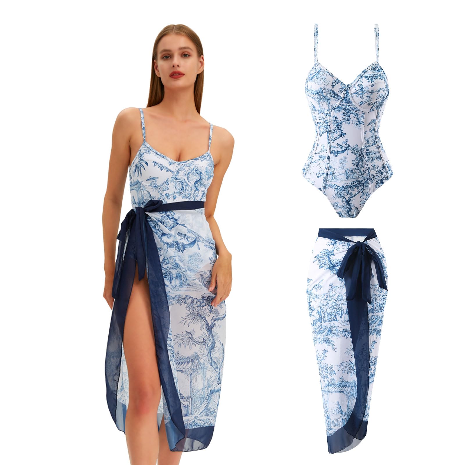 One Piece Swimsuit with Cover Up Sarong Swimsuits for Women Modest Swimsuit with Cover Up Set Printed Wrap Bathing Suit Slimming Two Piece Bathing Suit Blue Floral Large