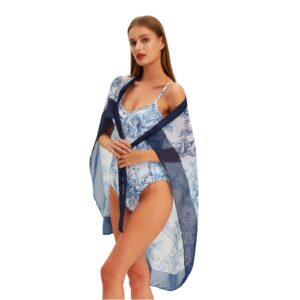 One Piece Swimsuit with Cover Up Sarong Swimsuits for Women Modest Swimsuit with Cover Up Set Printed Wrap Bathing Suit Slimming Two Piece Bathing Suit Blue Floral Large