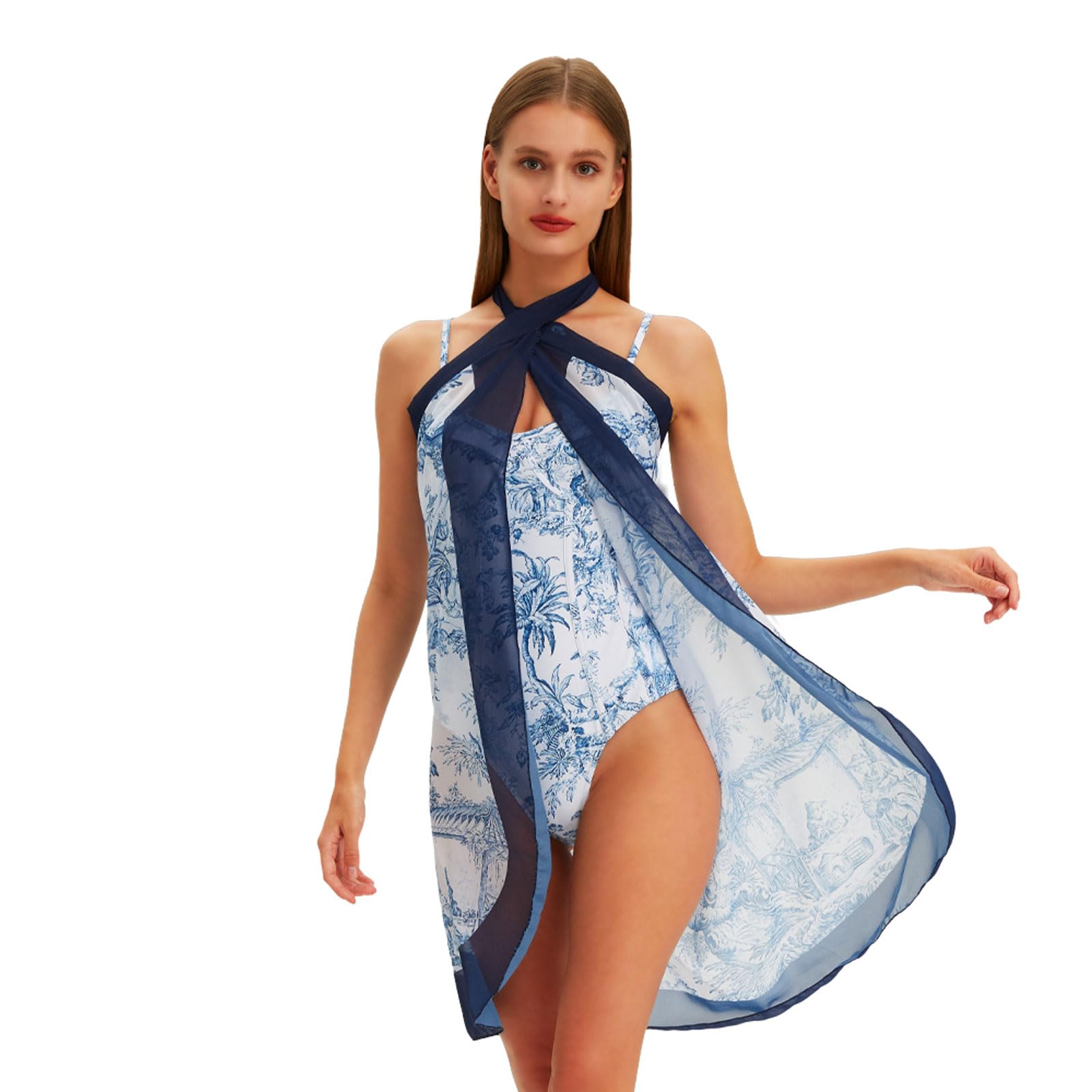 One Piece Swimsuit with Cover Up Sarong Swimsuits for Women Modest Swimsuit with Cover Up Set Printed Wrap Bathing Suit Slimming Two Piece Bathing Suit Blue Floral Large