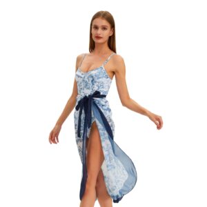 One Piece Swimsuit with Cover Up Sarong Swimsuits for Women Modest Swimsuit with Cover Up Set Printed Wrap Bathing Suit Slimming Two Piece Bathing Suit Blue Floral Large