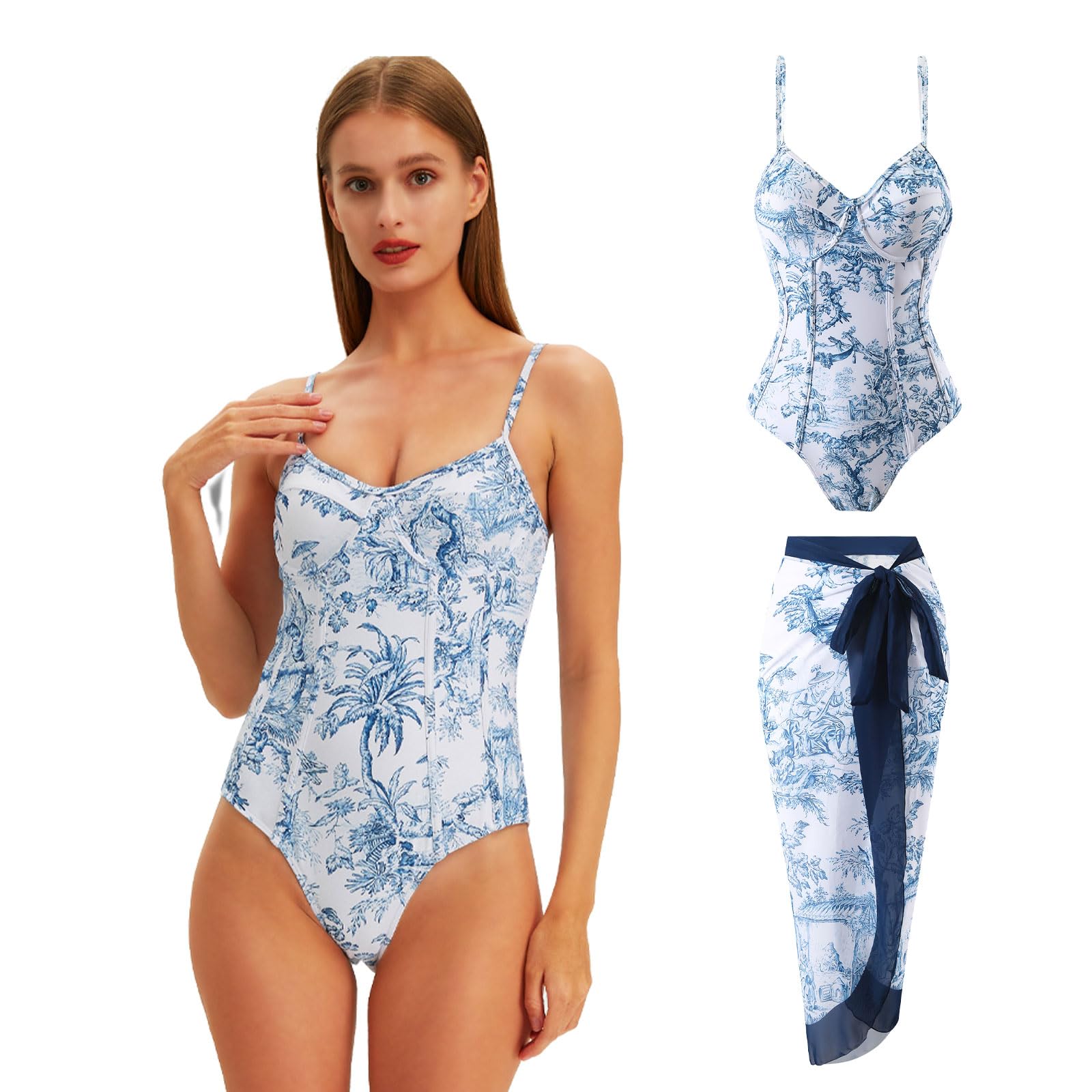 One Piece Swimsuit with Cover Up Sarong Swimsuits for Women Modest Swimsuit with Cover Up Set Printed Wrap Bathing Suit Slimming Two Piece Bathing Suit Blue Floral Large