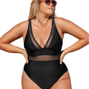 CUPSHE Women Plus Size One Piece Swimsuit V Neck Mesh Sheer Tummy Control Bathing Suit with Adjustable Wide Straps, 1X Black