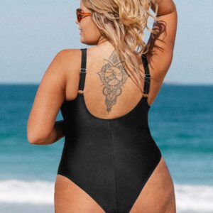 CUPSHE Women Plus Size One Piece Swimsuit V Neck Mesh Sheer Tummy Control Bathing Suit with Adjustable Wide Straps, 1X Black