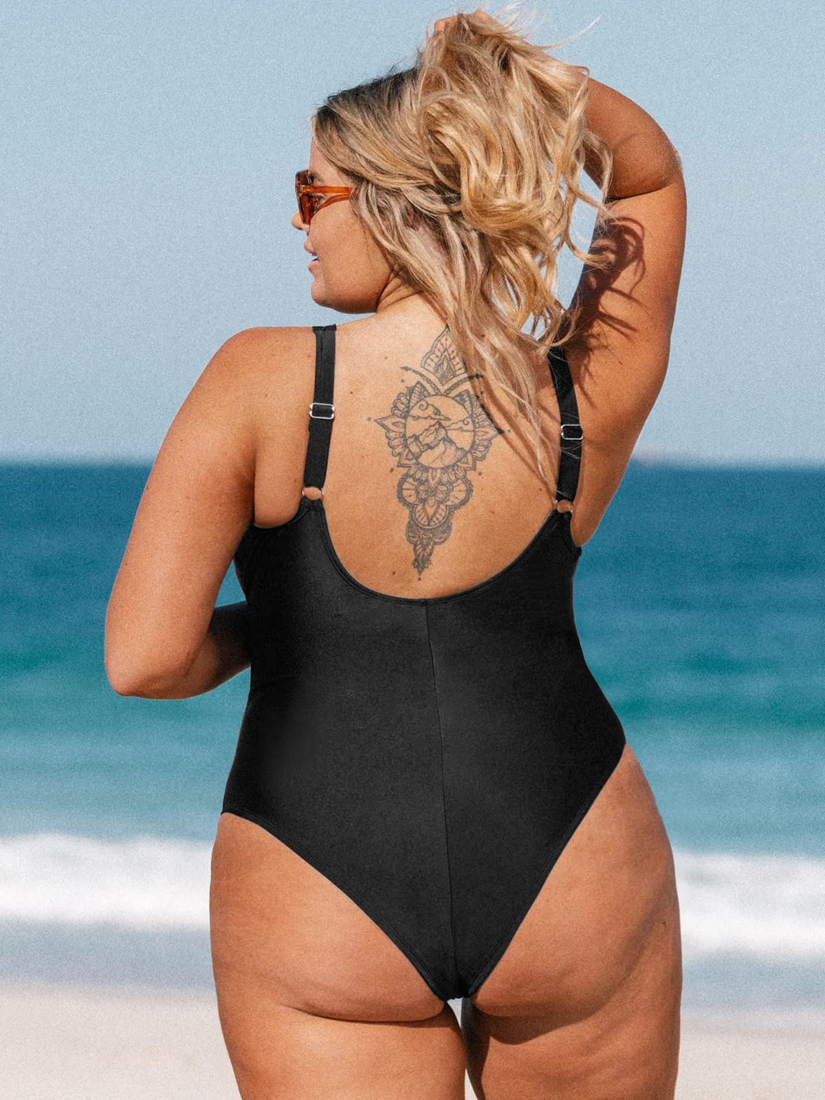 CUPSHE Women Plus Size One Piece Swimsuit V Neck Mesh Sheer Tummy Control Bathing Suit with Adjustable Wide Straps, 1X Black