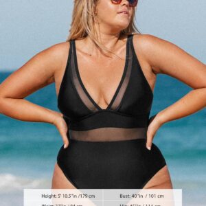 CUPSHE Women Plus Size One Piece Swimsuit V Neck Mesh Sheer Tummy Control Bathing Suit with Adjustable Wide Straps, 1X Black