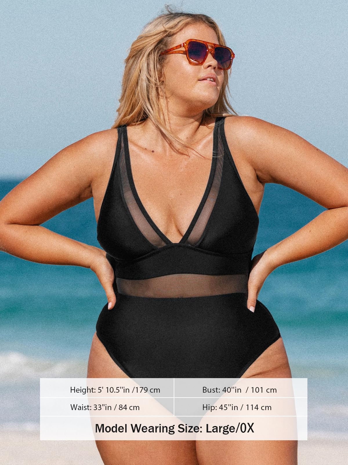 CUPSHE Women Plus Size One Piece Swimsuit V Neck Mesh Sheer Tummy Control Bathing Suit with Adjustable Wide Straps, 1X Black